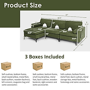 Giantex 97" Large Couch, 3 Seat Sectional Sofa Set, L-Shaped Modular Sleeper with Convertible Chaise Lounge, USB Ports, 3-Hole Socket, Storage Box, 2 Bolsters, Family Apartment Living Room, Green