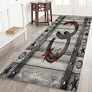 Long Runner Rug Floor Mat,Barn Door Vintage Rustic Wooden Texas Star Rusty Horseshoe Farmhouse Plank Western Retro,Carpet Hallway Living Room Bedroom Area Rugs Bath Kitchen Entrance Door Mats