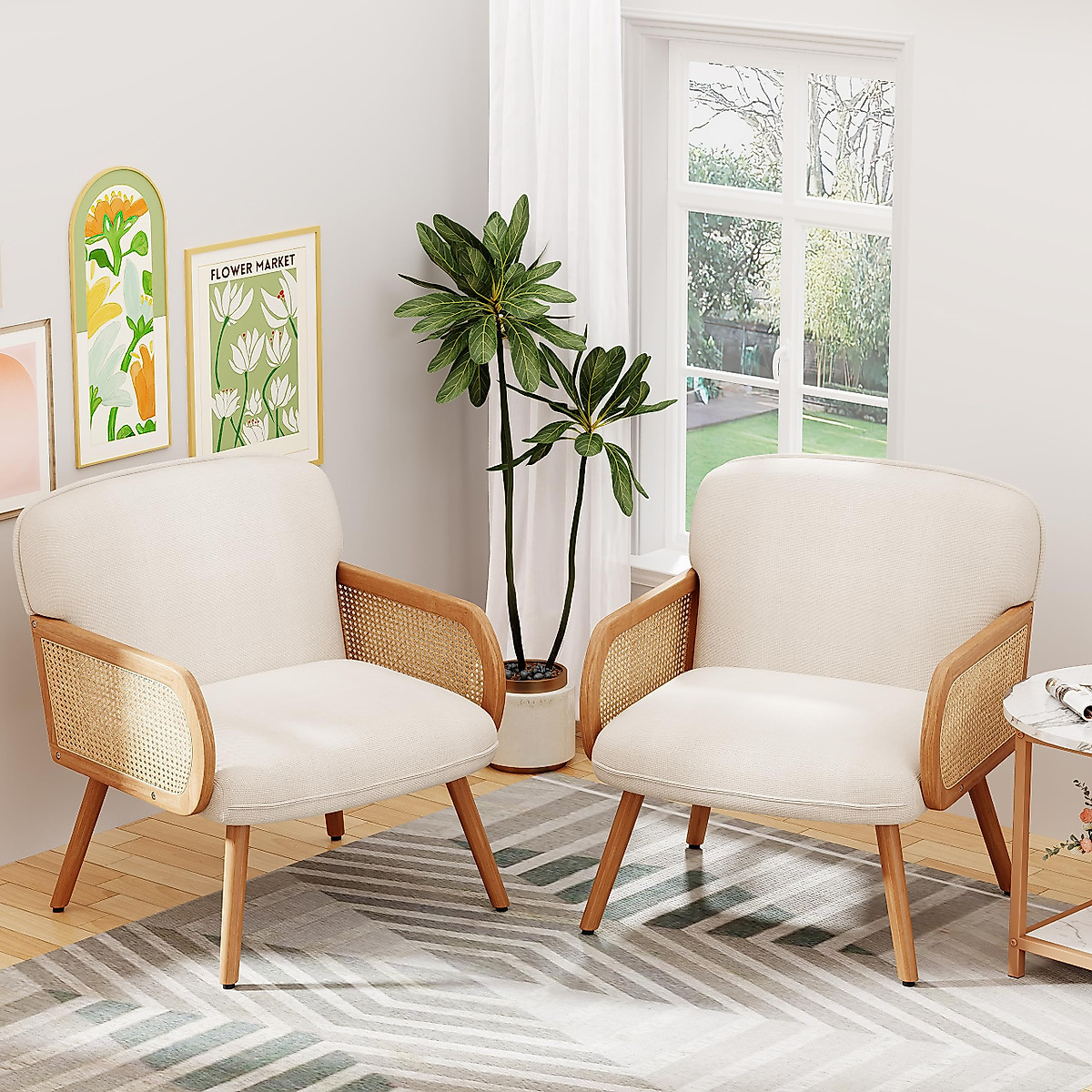 Andeworld Accent Chair with Rattan Arms,Upholstered Mid Century Modern Living Room Armchair, Side Club chair with Burlap Linen Fabric for Living Room Bedroom Balcony, Beige