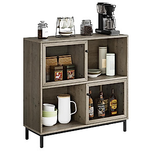 IDEALHOUSE Coffee Bar Cabinet, Farmhouse Sideboard Buffet Cabinet with Storage, Wine Liquor Bar Cabinet with Metal Sliding Door, Wood Accent Cabinet for Kitchen, Dining Room, Living Room, Grey