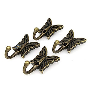 4 PCs Vintage Antique Brass Butterfly Shaped Wall Hooks Wall Mounted Hanger for Coat Cloths Hat Towel (Length 1-3/8-in Width 2-11/64-in)
