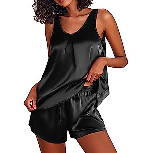 Ekouaer Satin Pajamas Womens Pjs Tank Shorts Set Silk Soft Sleepwear V Neck Summer 2 Piece Lounge Set Black,L