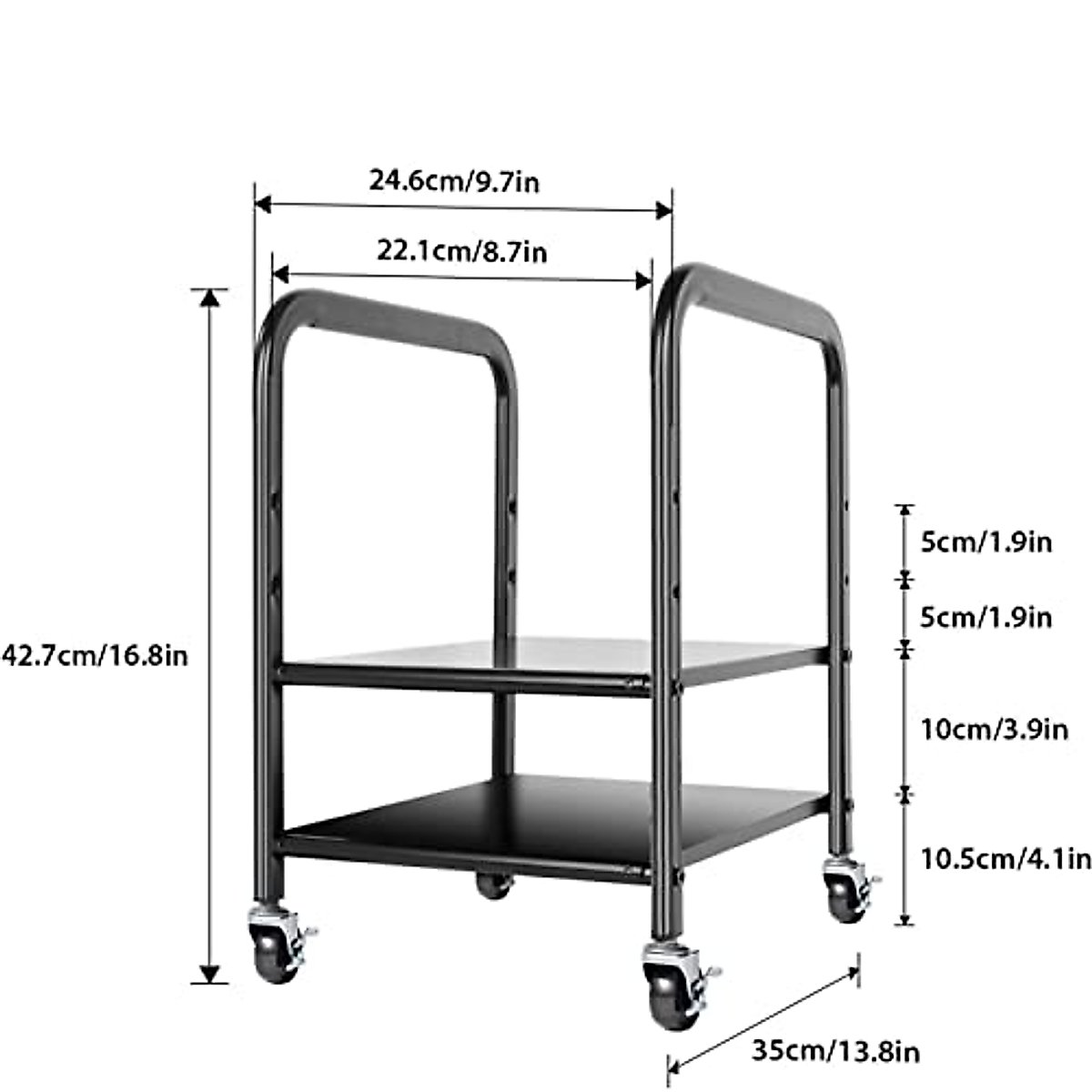 Computer Tower Stand CPU Tower Cart, 360Tronics Adjustable Desktop ATX-Case Cart 2-Tier PC Floor Stand, Mobile Rolling CPU Holder with 360°Locking Caster Wheels for Office Home (Black)