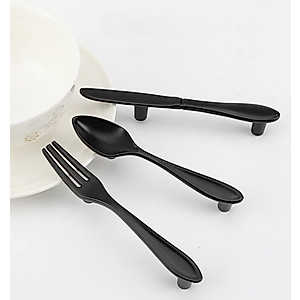 Sinyiol 2Pcs Matte Black Funny Cutlery Tableware Cabinet Pulls,Creative Spoon Fork Knife Shape 3" Hole Center Vintage Kitchen Cupboard Pulls Handles,Cute and Fun (2Pcs, Fork, Matte Black)