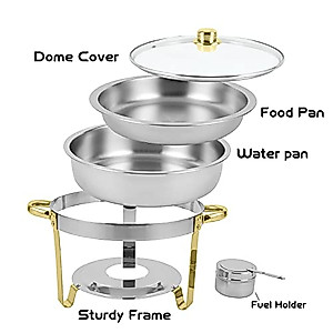 Restlrious Chafing Dish Buffet Set 4 Pack Stainless Steel Round Chafers and Buffet Warmers Set with Glass Lid in Gold Accents, 5QT Complete Set for Buffet Catering w/Water and Food Pan, Fuel Holder