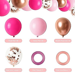 RUBFAC 65 Pcs 12 Inches Pink Balloon Arch Garland Kit, Hot Pink Rose Gold Chrome Balloons for Birthday Shower Princess Theme Party Background Decorations