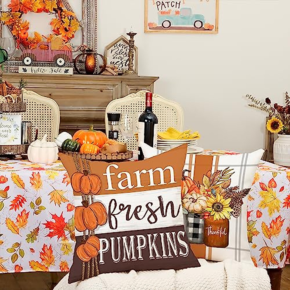 GEEORY Fall Pillow Covers 18 x 18 Inch Set of 4, Happy Fall Y'all Stripes Pumpkins Mason Jar Thankful Decor, Cushion Cases for Farmhouse Home Party Sofa Couch (Brown) G355-18