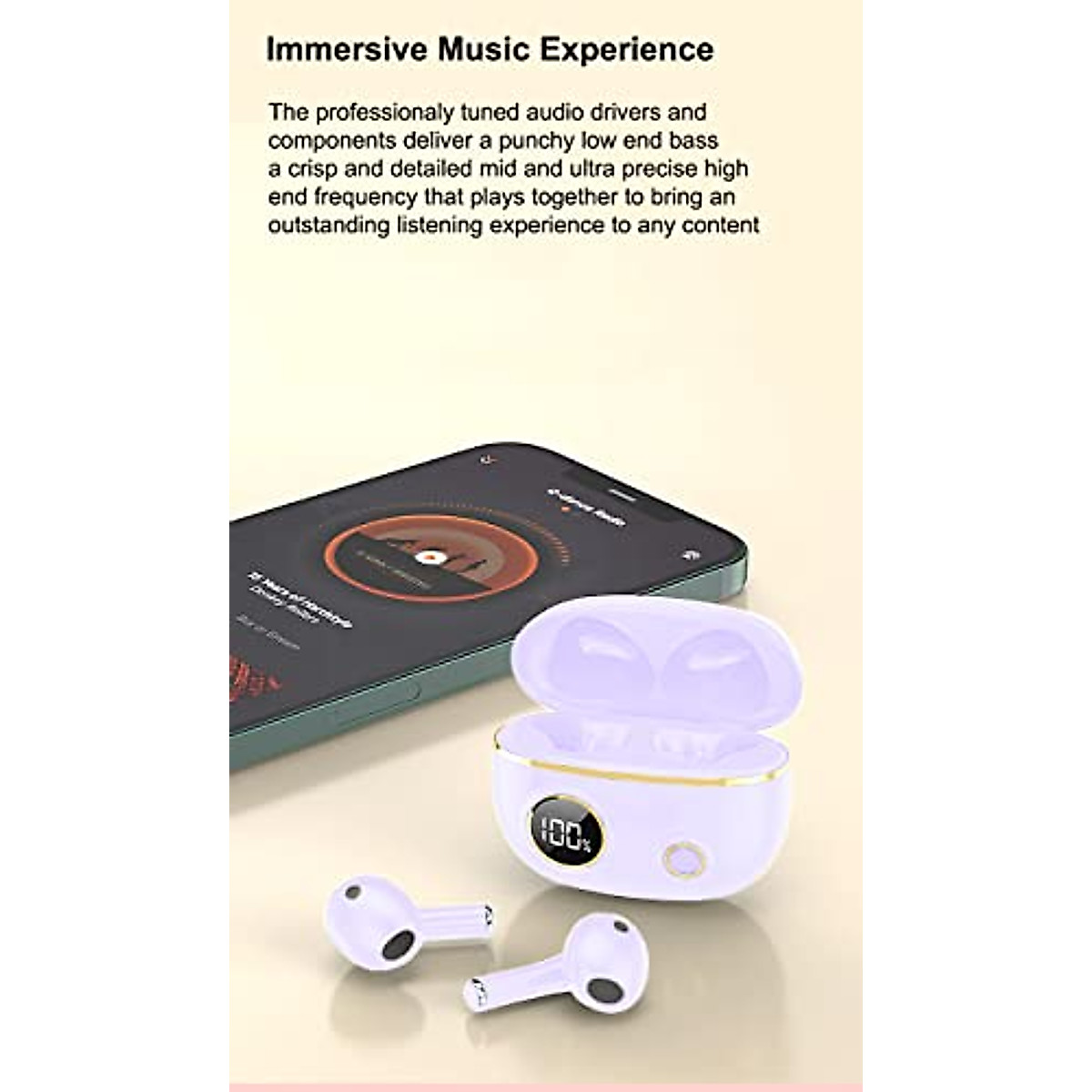 Acuvar in-Ear Wireless Bluetooth 5 Headphones, Earbuds IPX5 Waterproof with Microphone Rechargeable USB C Case with Round LCD Display for Smartphones Android iOS (Purple)