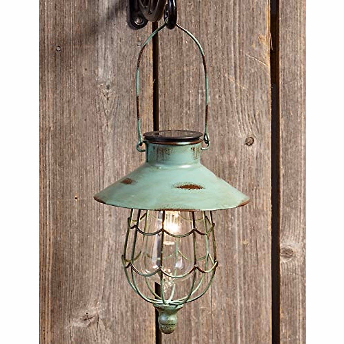 Distressed Porch Lantern - Solar-Powered Light with Vintage-Style Cage - Green