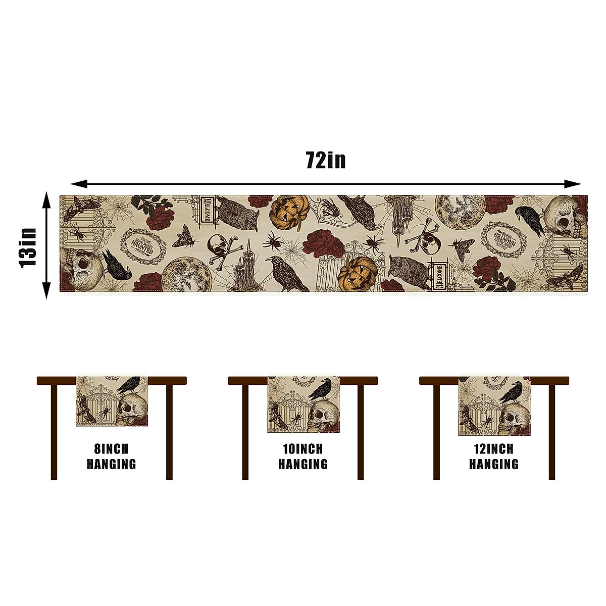 Rvsticty Linen Retro Halloween Table Runner Halloween Gothic Skull Tablecloth Day of The Dead Roses Skull Decor Halloween Decorations and Supplies for Home Kitchen Table-13×72’’