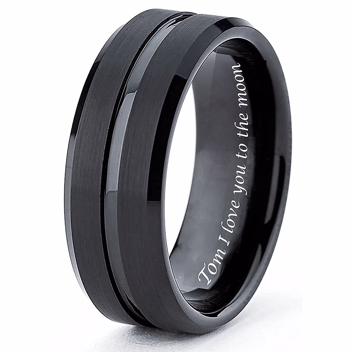 Personalized Black Matte Striped Tungsten Ring Custom Engraved Free - 7mm Black Wedding Band - Ships from USA