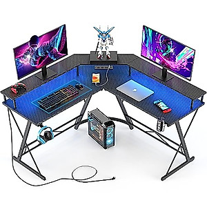 Mr IRONSTONE Gaming Desk with Led Lights ＆Power Outlet, L Shaped Computer Corner Desk with Cup Holder ＆ Headphone Hook, Carbon Fiber Home Office Desks with Large Monitor Stand, Graphite Black, 50''