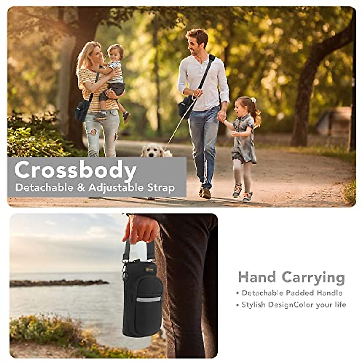 KOSIBATE Water Bottle Carrier Bag - Neoprene Water Bottle Sling Bag with Shoulder Strap, Handle Strap - Ideal Sports Water Bottle Accessory for Hiking Travelling Camping