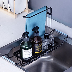 Mlesi Sponge Holder for Kitchen Sink Kitchen Sink Caddy Stainless Steel Telescopic Sink Storage Rack, Telescopic Sink Basket with Dish Towel Rack Expandable (14.2"-17.3") Rustproof Sink Organizer