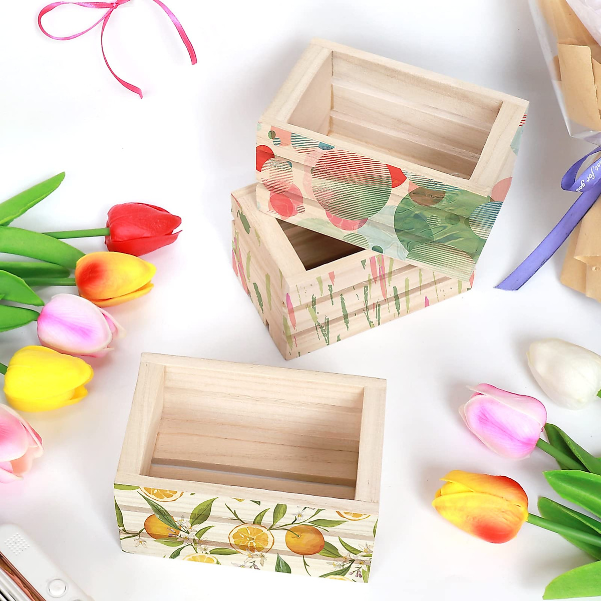 Aweyka 4 Pack Mini Rustic Wooden Crates, Decorative Wood Crates Unfinished Wood Box, Crate Box Wooden Storage Box for Kitchen, Office, Bedroom, Closet, Rustic Country Decor