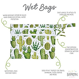 BapronBaby Desert Cactus Wet Dry Bag - Waterproof Two Zipper Pockets - Reusable for Mealtime, Diapers, Stroller, Snacks, Swimsuits - Machine Washable - 11" x 9"