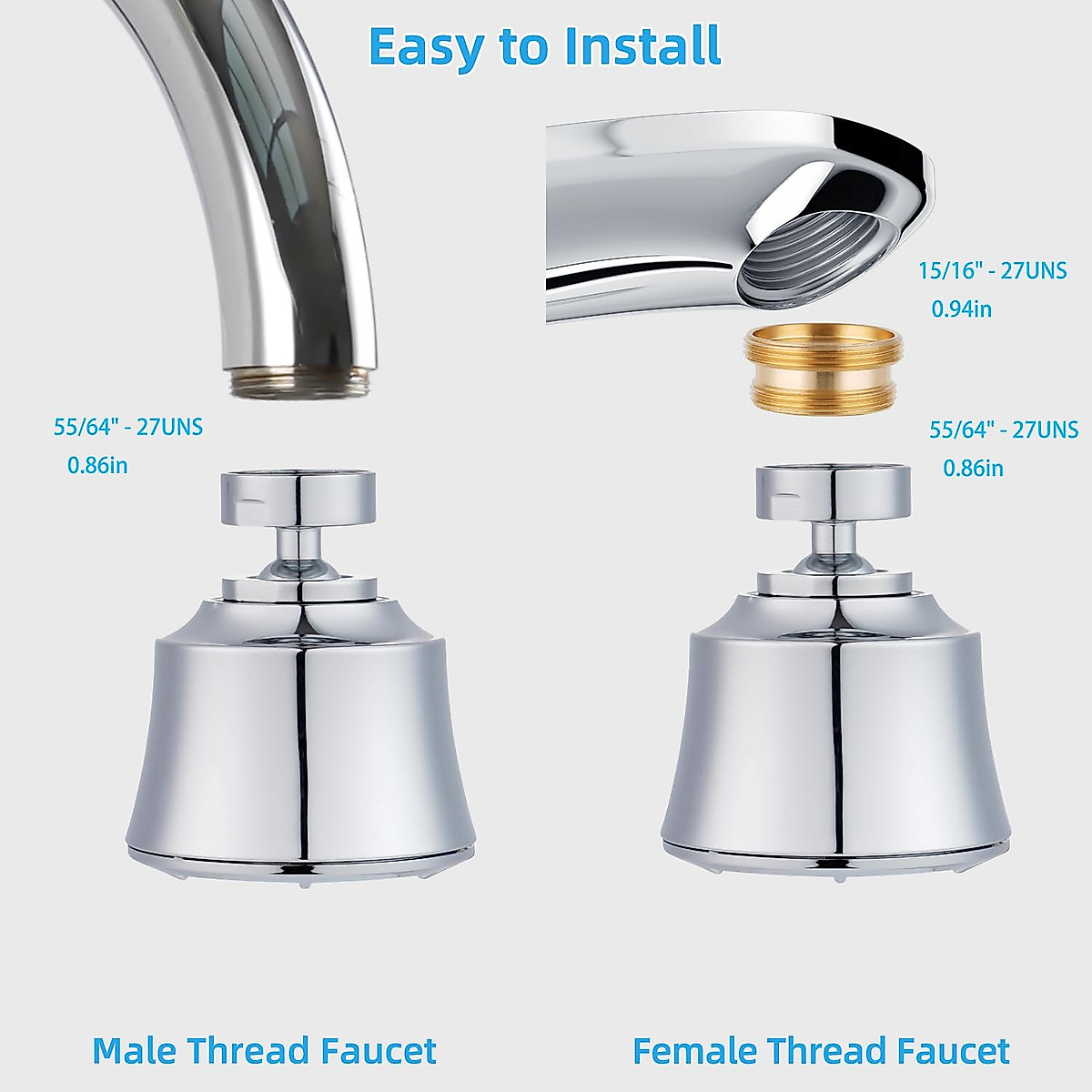 iFealClear Sink Faucet Aerator with Metal Ball Joint, 360° Swivel Faucet Sprayer Head, Big Angle Kitchen Sink Faucet Head, 55/64-27UNS Brass Female Thread, 4 Spray Modes, Extra Adapters, Chrome