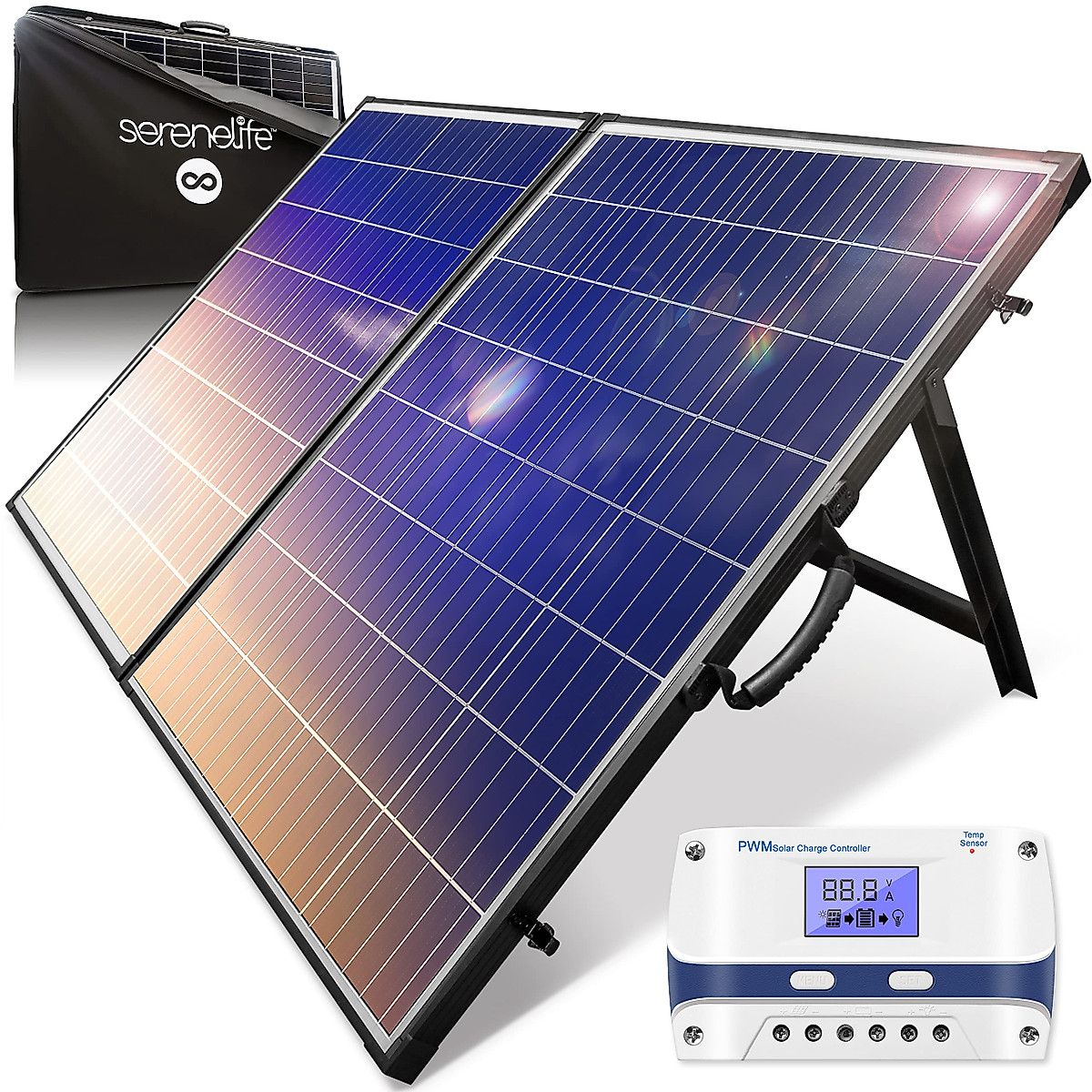 SerenelifeHome Serenelife 200 Watt Portable Solar Panel Kit, Foldable Monocrystalline Briefcase Set with 20A PWM Controller Black