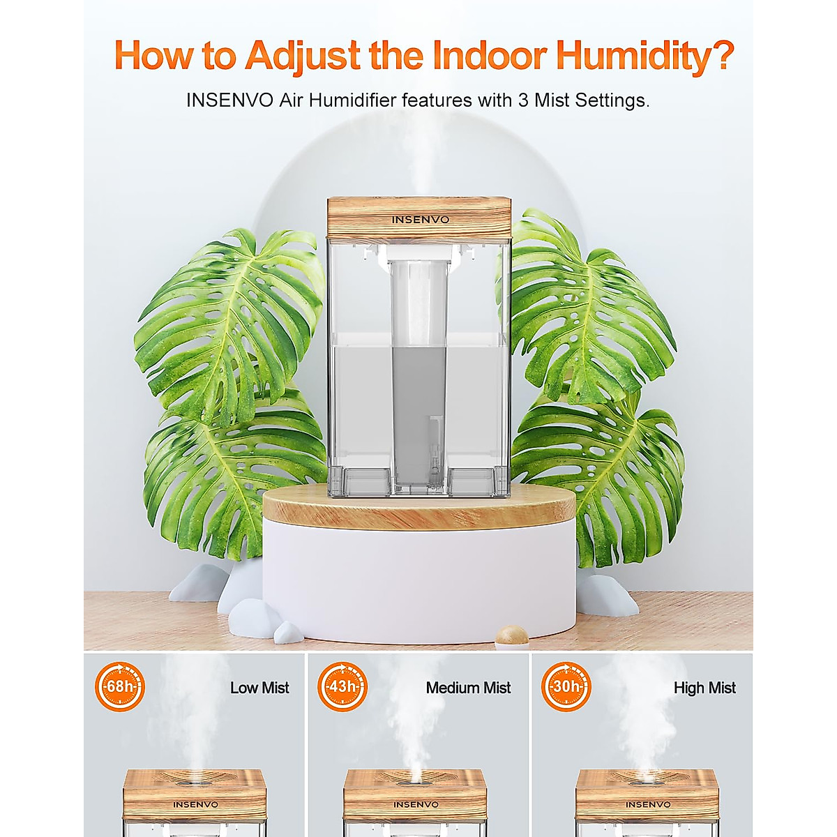 INSENVO Humidifier 7.5L for Bedroom, Anti-leak Design&Top Fill, Ultrasonic Cool Mist Air Humidifers Indoor for Baby&Plants, Disassemble&Clean Easily, Visualized Outlook, Auto Shut-off, Wood Pattern