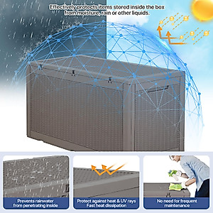 GINMAON Large Resin Deck Box 100 Gallon, Outdoor Storage Box Waterproof with Lockable Lid, Outdoor Storage Bench UV Resistant for Outdoor Cushion & Patio Furniture/Garden Tools/Pool Supplies, Tan