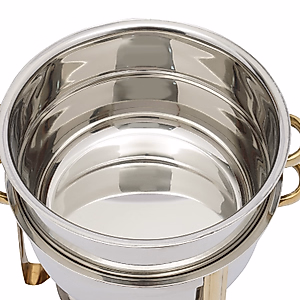 Choice 14.2 Qt Deluxe Round Gold Accent Soup Chafer - High-Capacity Stainless Steel Chafing Dish with Fuel Paste Container, Detachable Lid and Pot, U-Shaped Handles, Perfect for Buffets