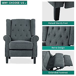 YITAHOME Wingback Recliner Chair, Push Back Recliner with High Back, Upholstered Tufted Accent Lounge Armchair Single Sofa Adjustable for Living Room, Grey