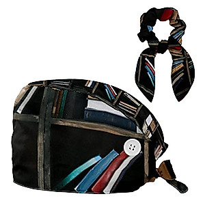 Scrub Caps Women with Bow Hair Rings Set, Adjustable Bouffant Hats for Nurse, Bookshelf Reading Knowledge Unisex Tie Back Hats, One Size