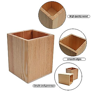 ZUFECY DIY Wooden Pen Holder Desk, Pencil Cup Makeup Brush Holder, Desktop Organizer Storage Case Stationery for School Home Office Supplies (Square)