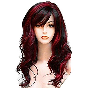 MeCamping Short Curly Wig with Bangs Synthetic Long Hair Wavy Red Mixed Black Wigs Party Cosplay Costume Halloween Wig Resistant Fiber Hair for Women Girls, 24 Inch (Pack of 1), Red mixed with black