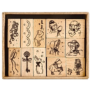 Wooden Plant Patterns Rubber Stamp - Plant and Flower Decorative Wooden Rubber Stamp Set for DIY Craft Card Scrapbooking Supplies Photo Album, Hand Book, Planner, Scrapbooking, 12Pcs (Young Girl)