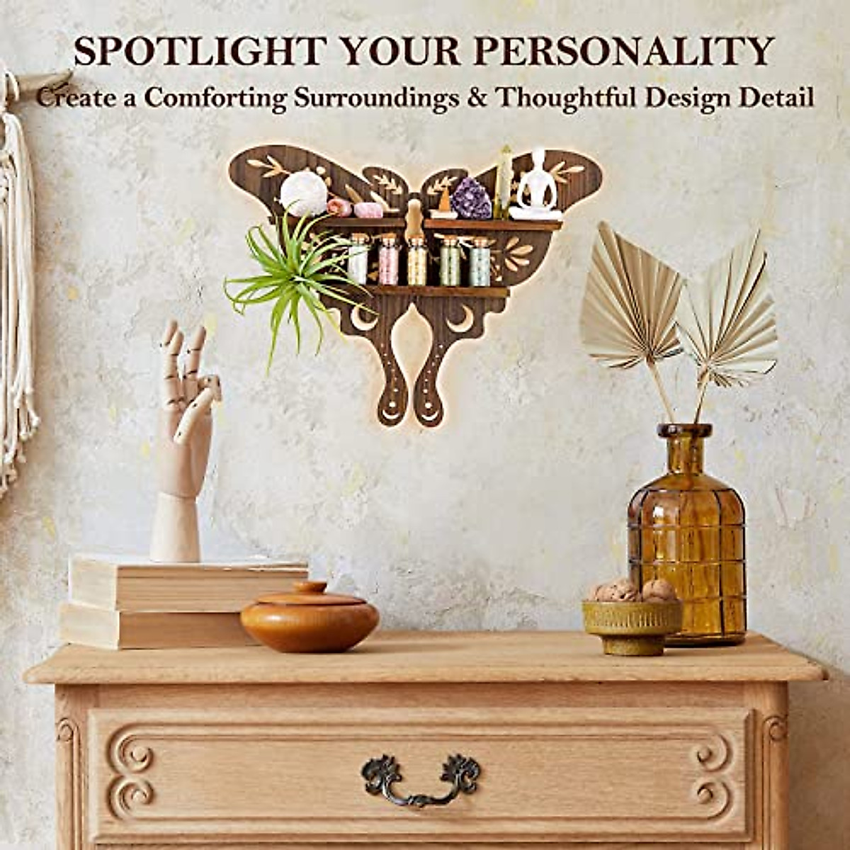 Luna Moth Crystal Shelf Display, Boho Pine Wood Wall Floating Shelves with Light for Gem Stone Essential Oil Storage, Bohemian Wooden Butterfly Hanging Witch Home Rustic Decor Holder for Bedroom Altar