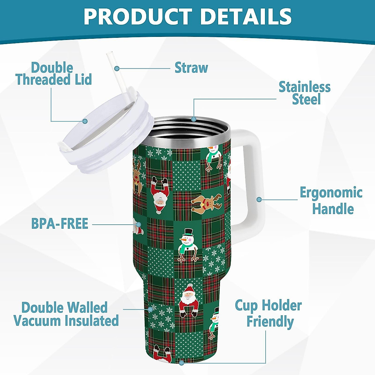 Emelivor Christmas 40 oz Tumbler with Lid and Straw Insulated Tumblers with Handle Leak Proof Travel Coffee Mug Water Cup Bottles Fits in Car Cup Holder