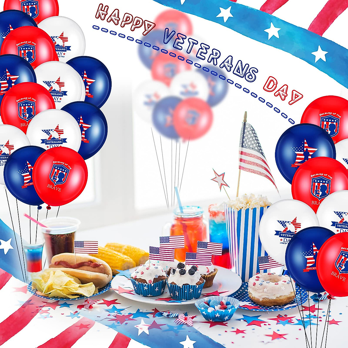60 Pieces Veterans Balloons White Red and Blue Balloon Latex Happy Day Printed American Flag Thank You Party Supplies Favor for Memorial USA Patriotic Party, Blue,white,red