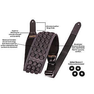 Bass Pergo AirCell Guitar Strap for Electric Guitar, Bass & Acoustic with 3.5" Wide Neoprene Pad w/ 4 Straps Locks, Adjustable Length from 47" to 55.", Black – Soft & Durable