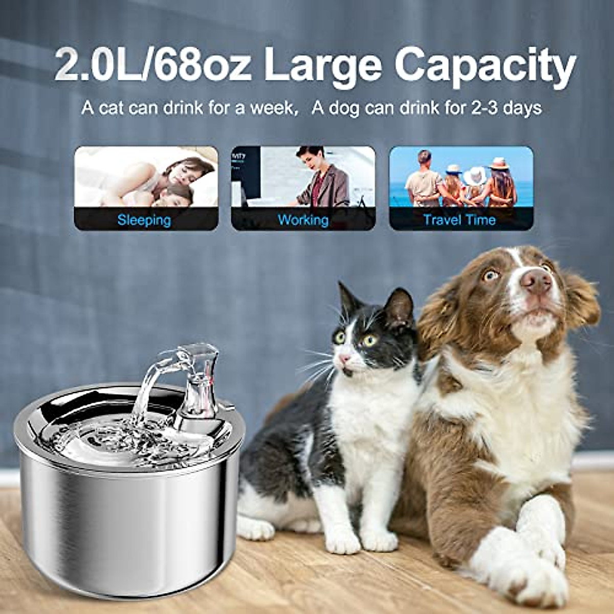 Heroange Cat Water Fountain Stainless Steel, 68oz/2L Ultra Quiet Pet Water Fountain for Cats Inside, Automatic Pet Drinking Fountain with Filters, Dog Water Dispenser Bowl Dishwasher Safe