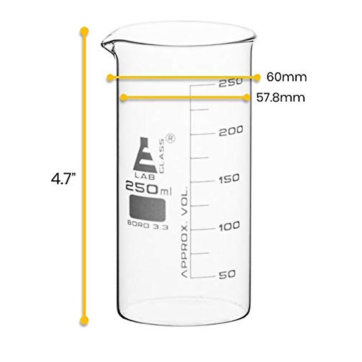 EISCO Beaker, 250ml - Tall Form with Spout - White, 25ml Graduations - Borosilicate 3.3 Glass