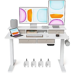 BANTI Height Adjustable Electric Standing Desk with 4 Drawers, 48 x 24 Inch Table with Storage Shelf, Sit Stand Desk, White Top