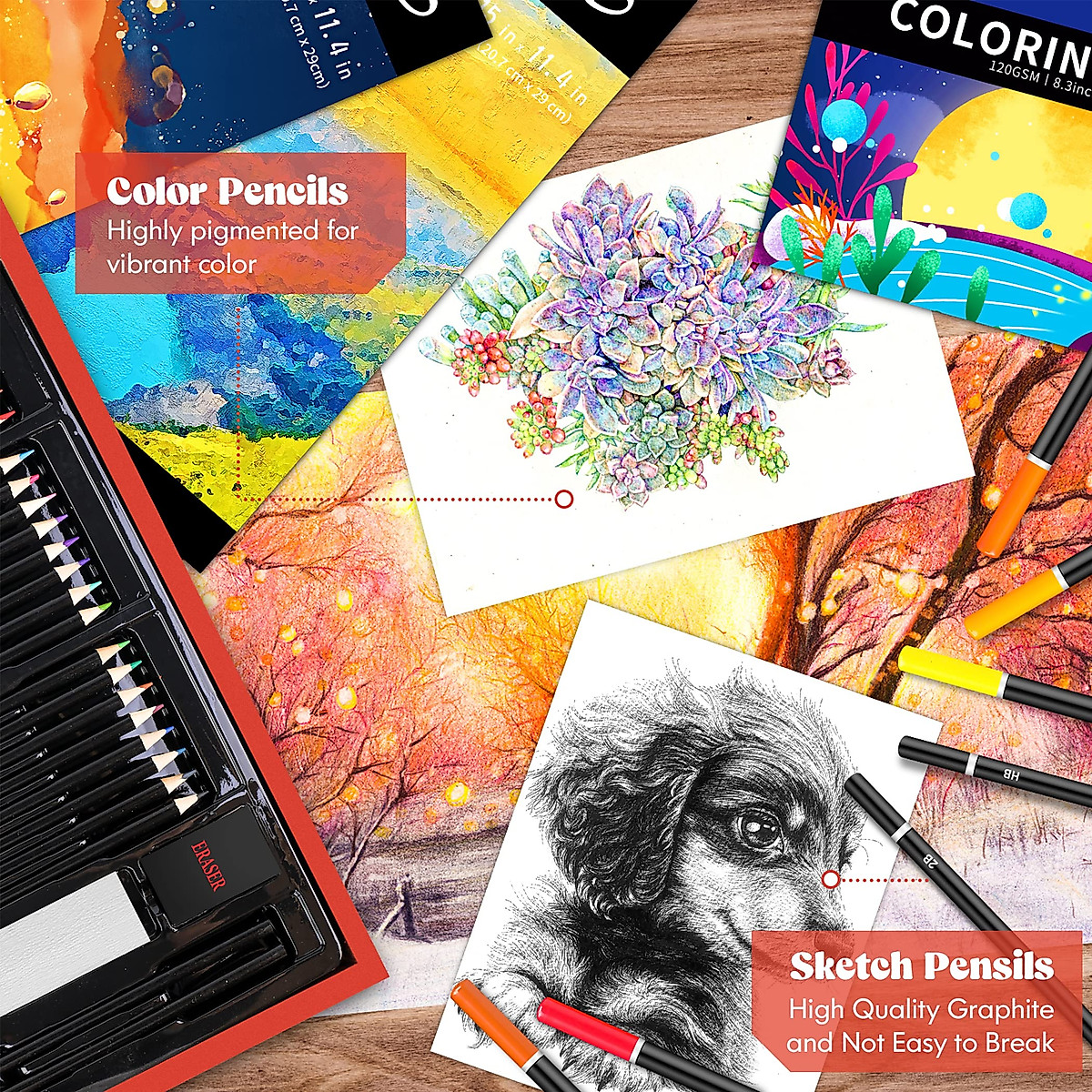 Art Supplies, Caliart 153-Pack Deluxe Wooden Art Set Crafts Drawing Painting Coloring Supplies Kit with 2 A4 Sketch Pads, 1 Coloring Book, Creative Gift Box for Adults Artist Beginners Kids Girls Boys