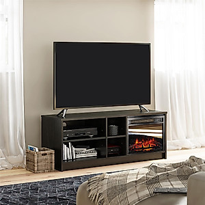 Ameriwood Home Noble TV Stand with Electric Fireplace Insert and 4 Shelves, 65”, Black Oak