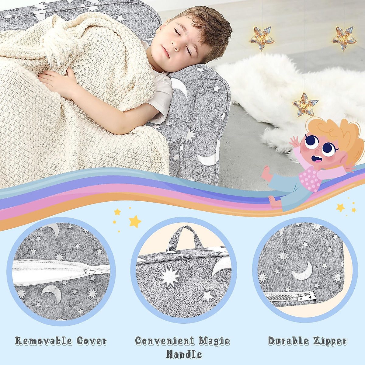 magic handle Toddler Chair, Glow in The Dark Kids Foam Chair with Removable and Washable Cover Carrying Handle, Toddler Armchair, Kids Chair, Toddler Couch (Moon Grey)