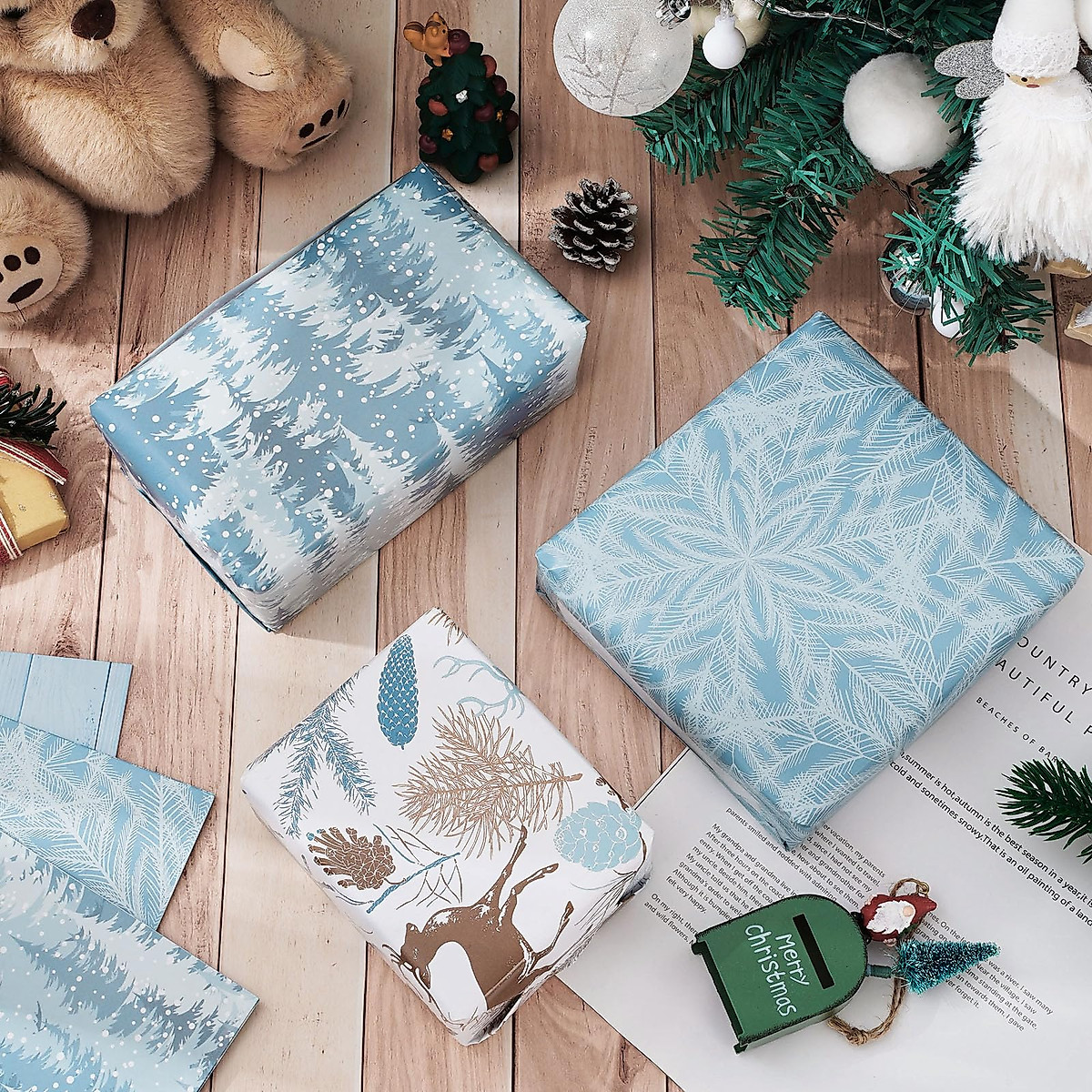 Whaline 12Pcs Christmas Wrapping Paper Winter Reindeer Gift Wrap Paper Bulk Folded Flat Blue Christmas Tree Decorative DIY Craft Paper, 20 x 28 Inch