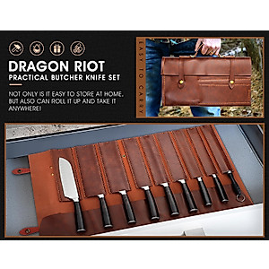 DRAGON ROIT Japanese Knives Set Damascus Pattern Chef Knife Set for Kitchen with Roll Bag, Sharp 14Pcs Stainless Kitchen Knife Set Brown Handle
