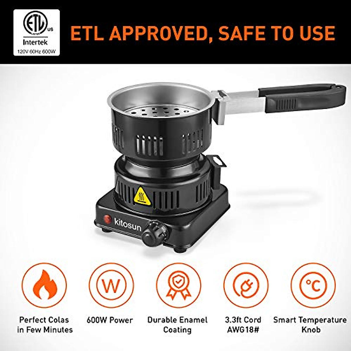 Multipurpose Electric Charcoal Burner - Coal Burner Starter Hot Plate ETL Approved Electric Stove Coconut Starter with Stainless Detachable Tongs, Coals Burner 600W Fast Heating BBQ Kitchen