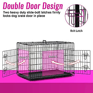 FDW Dog Crate Dog Cage Pet Crate for Large Dogs Folding Metal Pet Cage Double Door W/Divider Panel Indoor Outdoor Dog Kennel Leak-Proof Plastic Tray Wire Animal Cage (Black, 48 Inch)