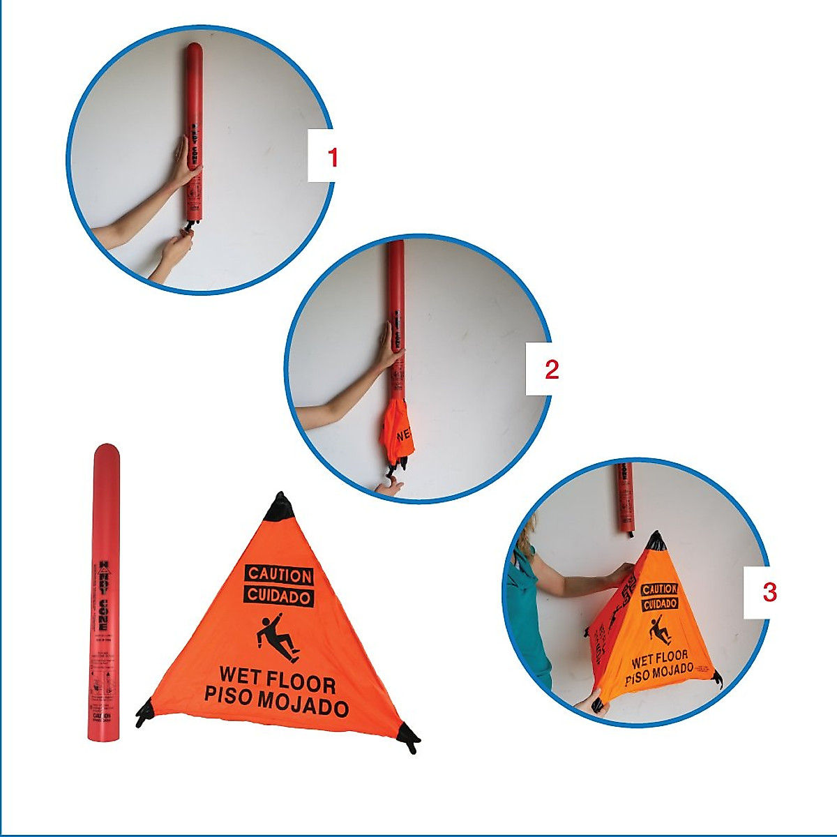 Orange Caution Wet Floor Sign (ENG/SPAN) Handy Cone w/Storage Tube "3-PACK"