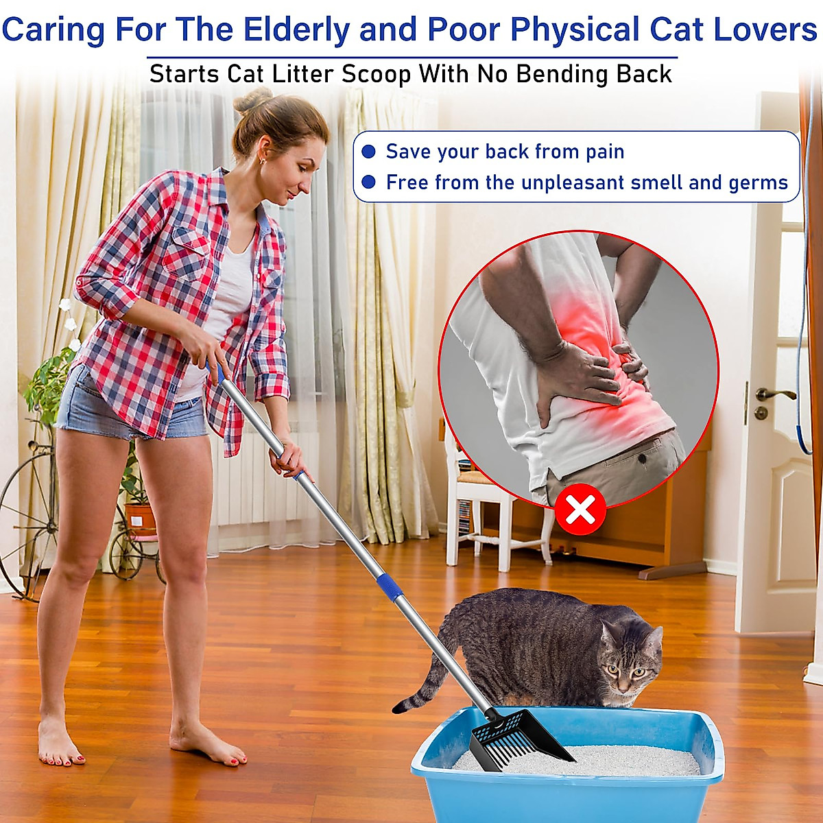 JAMIEWIN Extendable Metal Cat Litter Scoop, Long Handle Litter Sifting Shovel, 21"-39.5" No Bending Back Cat Scooper for Litter Box Heavy Duty Pet Poop Shovel Chicken Poop Scooper