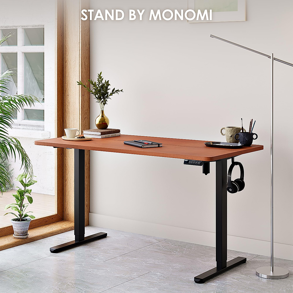 Monomi Electric Standing Desk, 55x24 Inches Adjustable Height Desk, Home Office Sit Stand Up Desk (Black Frame/Cherry Top)
