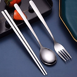 IQCWOOD Spoons and Forks Set, Flatware Set, 3 Pair Forks and Spoons Silverware Korean Utensil Set, Stainless Steel Korean Chopsticks Spoons and Fork Set, Dinnerware Portable Utensils for Home