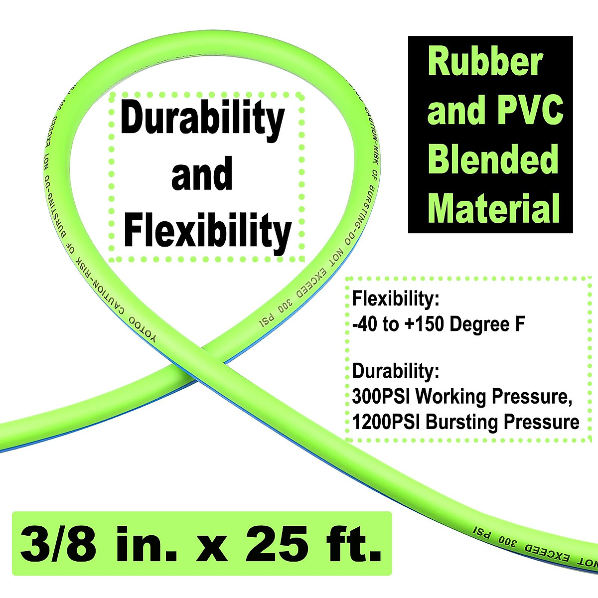 YOTOO Hybrid Air Hose 3/8-Inch by 25-Feet 300 PSI Heavy Duty, Lightweight, Kink Resistant, All-Weather Flexibility with 1/4-Inch Industrial Quick Coupler Fittings, Bend Restrictors, Green+Blue