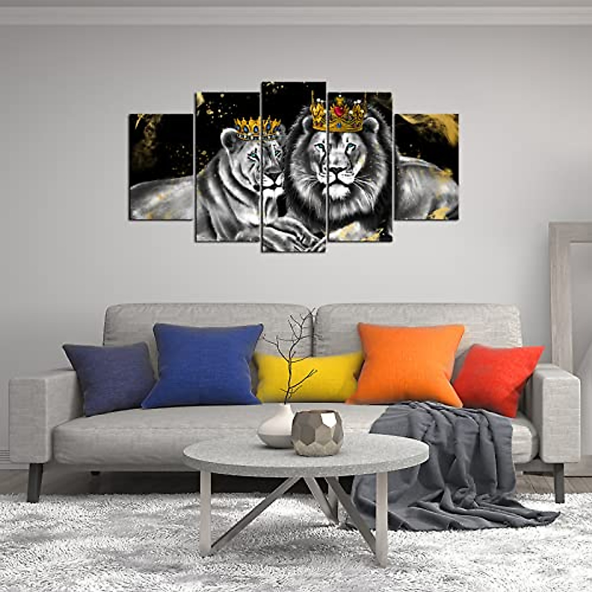 OuElegent 5 Piece Lion and Lioness Pictures Wall Decor King and Queen with Golden Crown Canvas Painting African Animal Poster Artwork for Living Room Bedroom Framed Ready to Hang